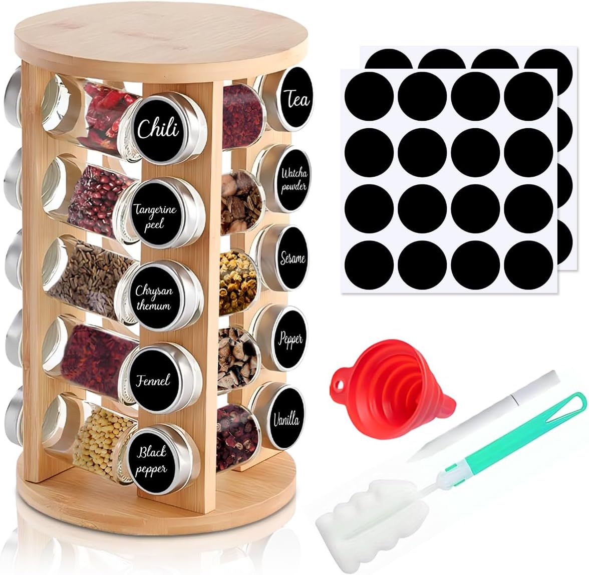 KITment Bamboo Rotating Spice Rack Organiser with 20 Spice Jars ...