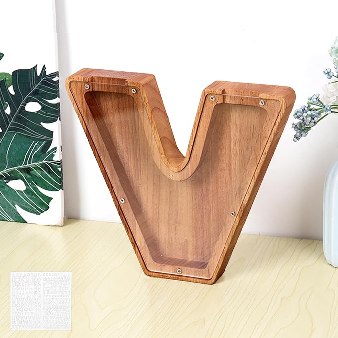MEDOYOH Letter "V" Money Box, 23cm/9in Wooden Money Bank Alphabet Piggy ...