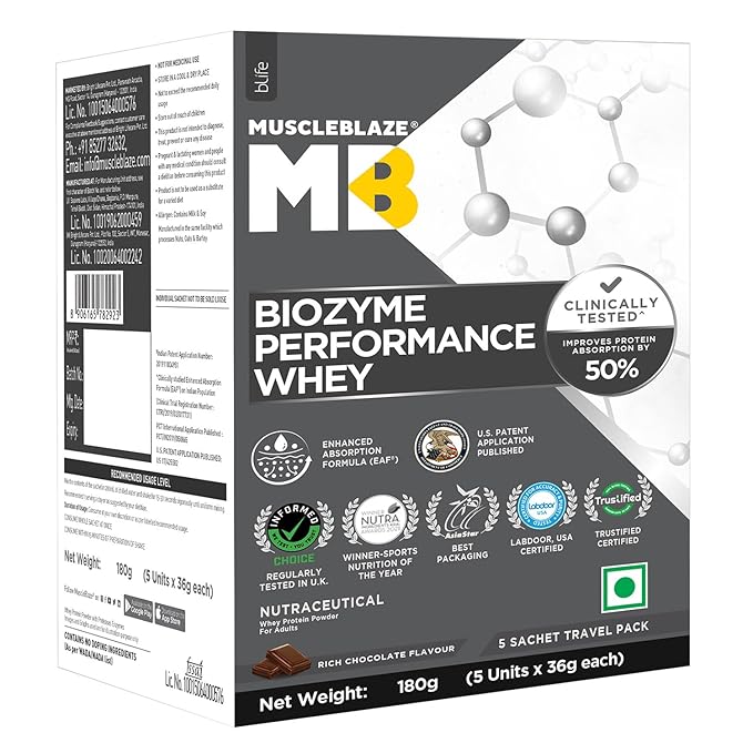 MuscleBlaze Biozyme Performance Whey Protein | 5 Sachet Travel Pack ...