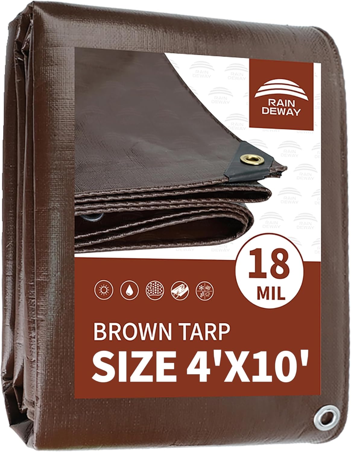 RAINDEWAY 4x10 Feet Super Heavy Duty 18 Mil Brown Poly Tarp Cover, UV ...