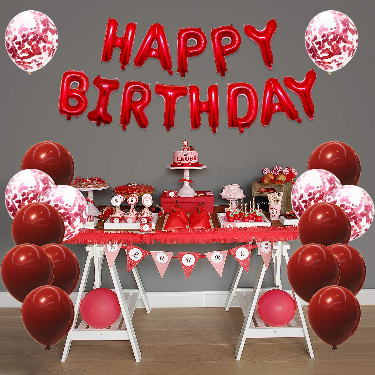 Red Birthday Decoration, Happy Birthday Banner 40pcs Latex & Confetti ...