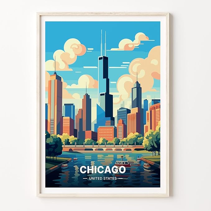 Amazon.com: Artfield Chicago Skyline Poster, Travel Inspired Wall Art ...