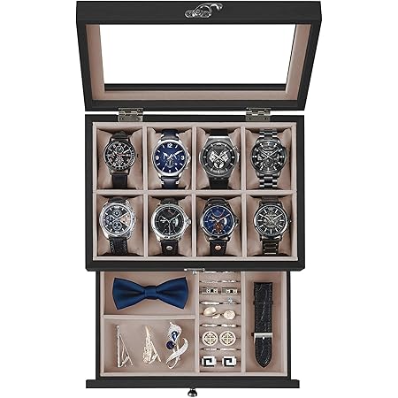 SONGMICS Watch Box with 8 Slots, 2-Tier Wood Watch Case with Large ...