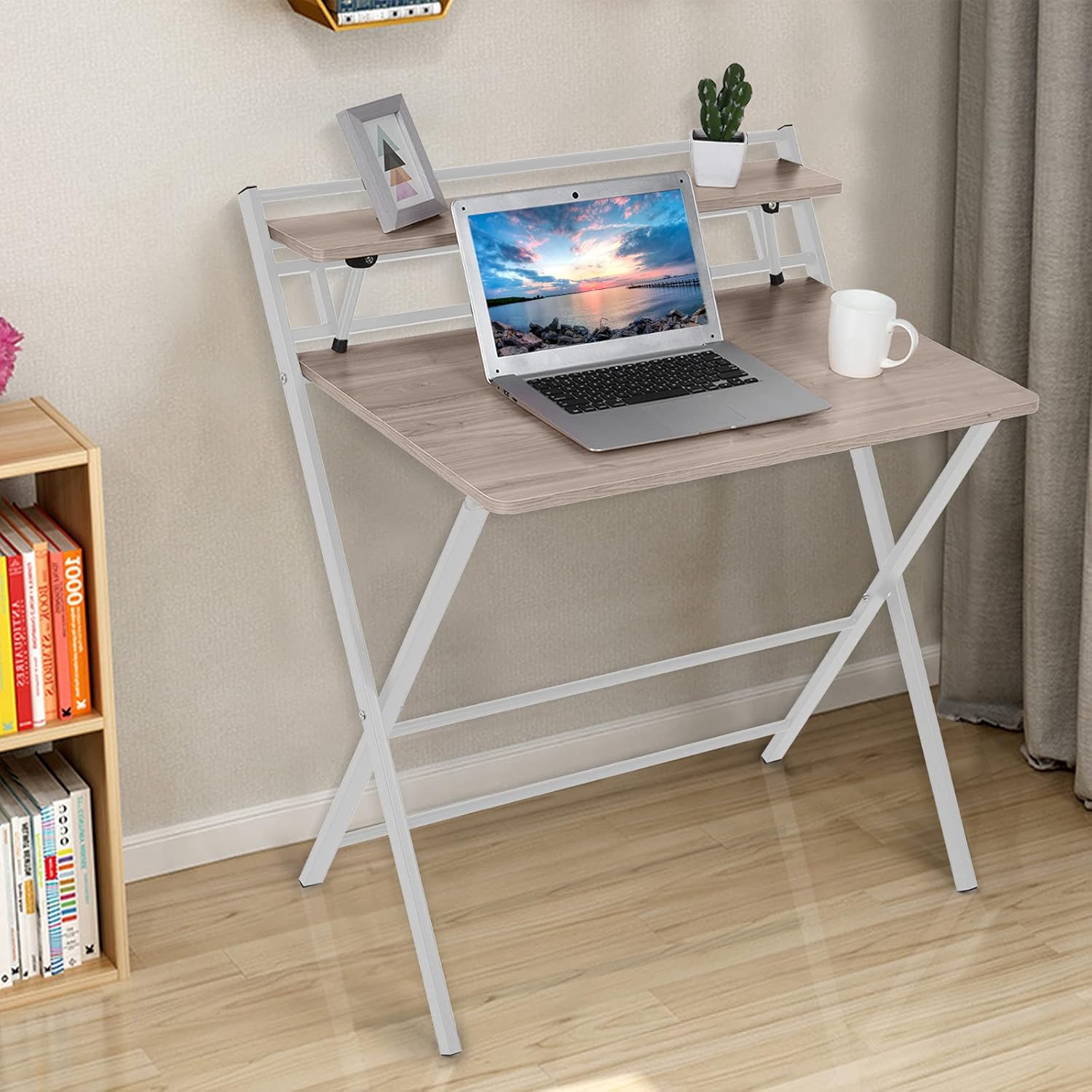 Amazon.com: Folding Desk Small Desk 2-Layer with Shelf, Foldable Table ...