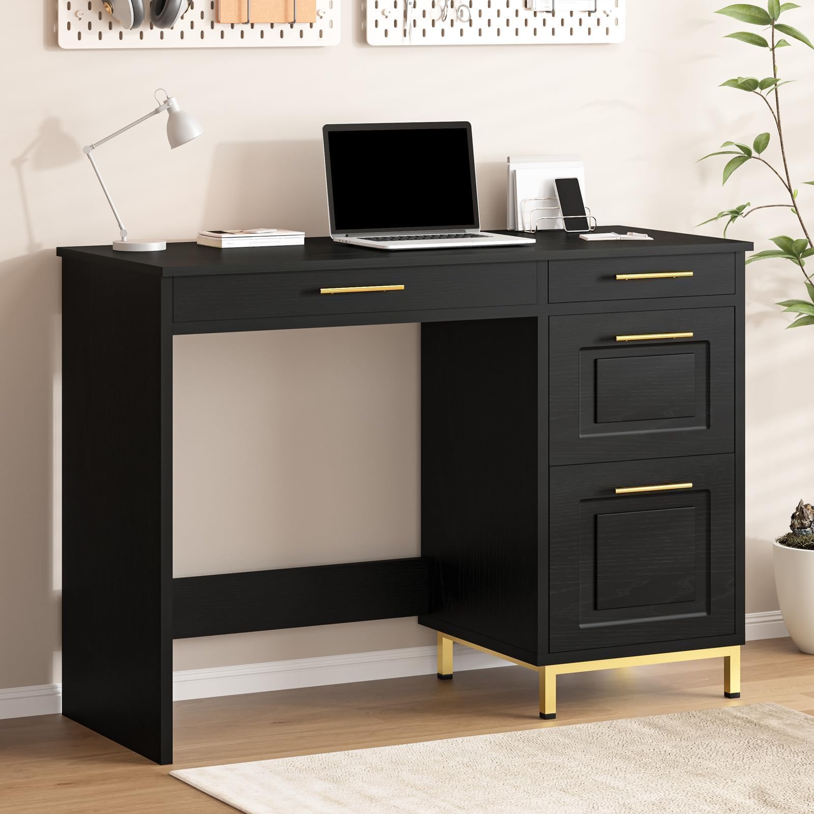 4 EVER WINNER Black Desk with Drawers, 43” Home Office Desk with ...