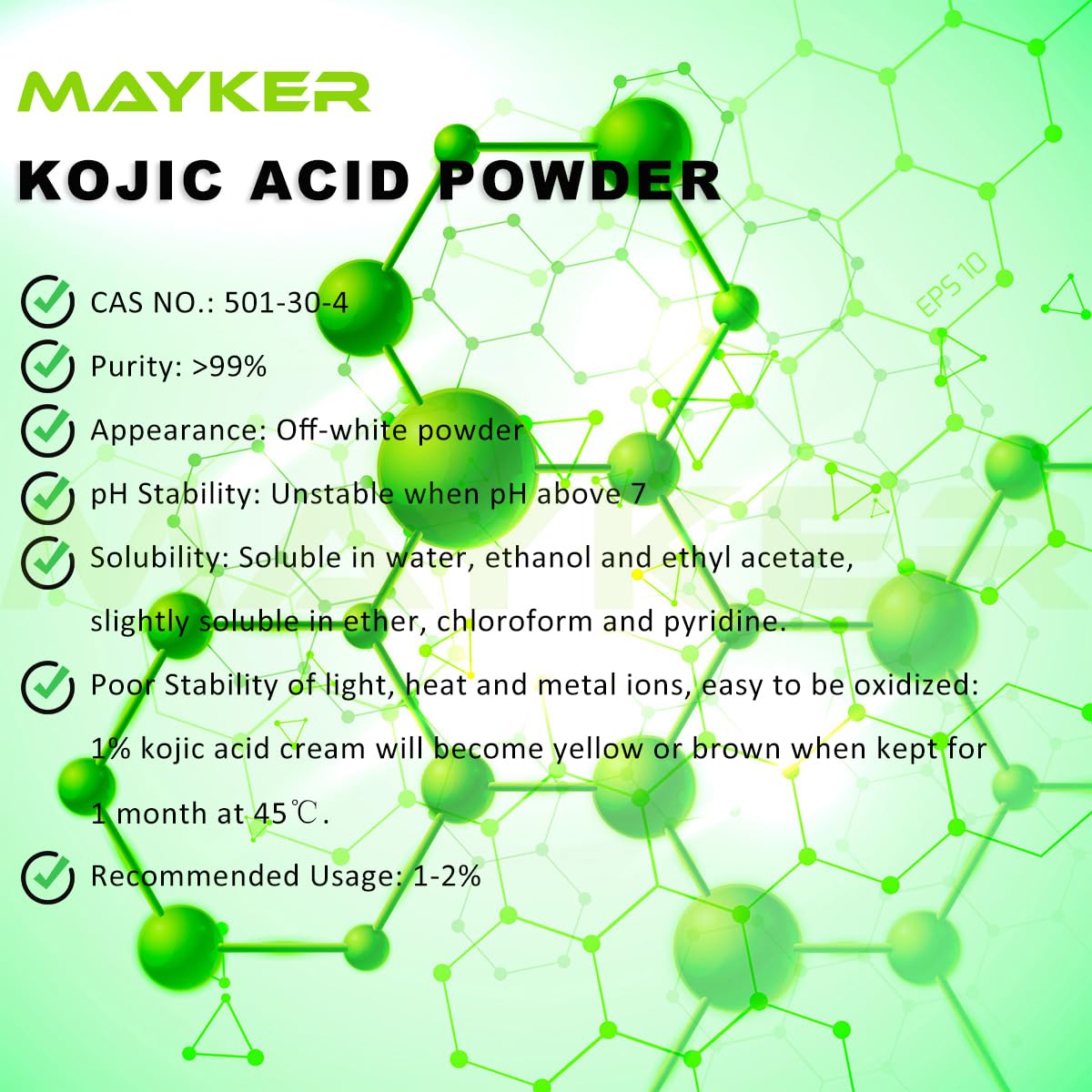 MAYKER Polvo de ácido kójico puro de 2.1 oz (60 gramos), aclaramiento ...