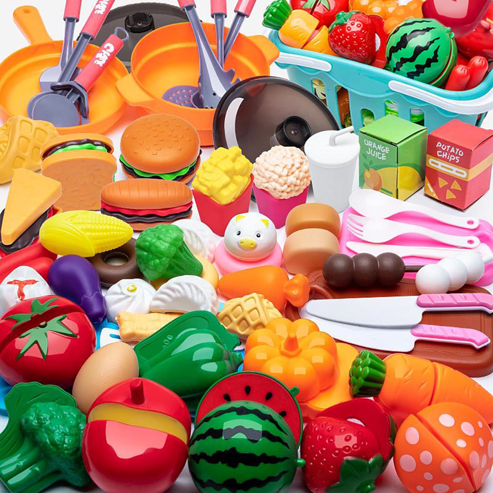 Pretend Play Food Sets for Kids Kitchen 60Pcs, Storage Basket Cutting ...