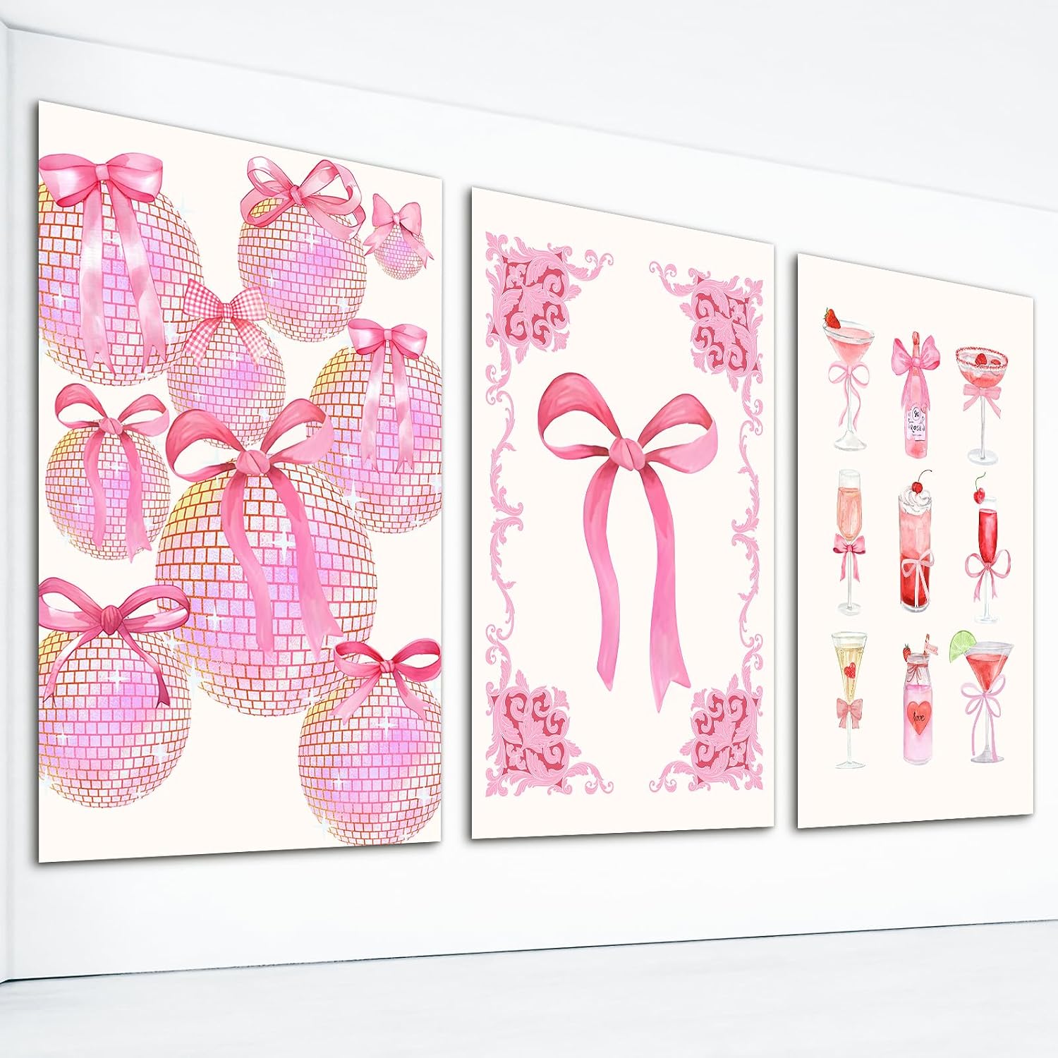 Amazon.com: Trendy Pink Bows Canvas Wall Art, Preppy Cocktail Pictures ...