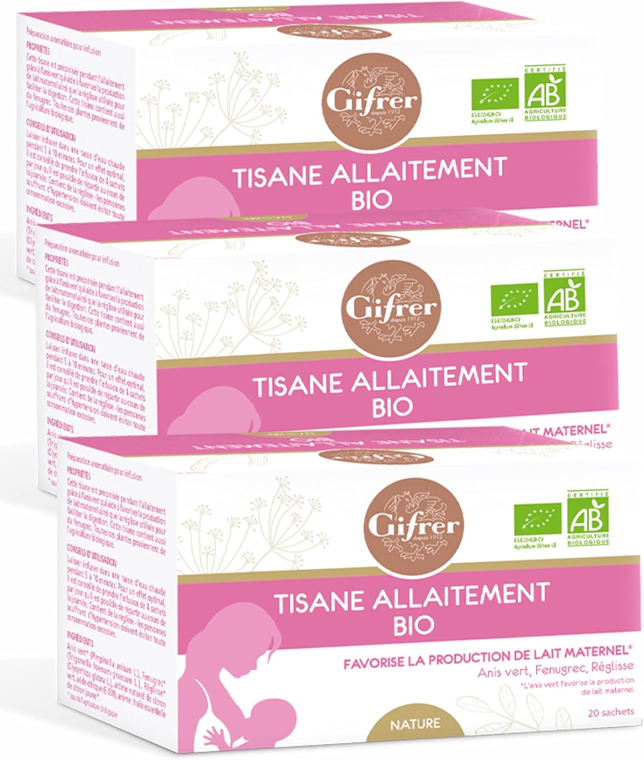 Gifrer Tisane Allaitement Bio Gout NATURE Anis Réglisse Fénugrec - Lot de 3 x 20 Sachets ...