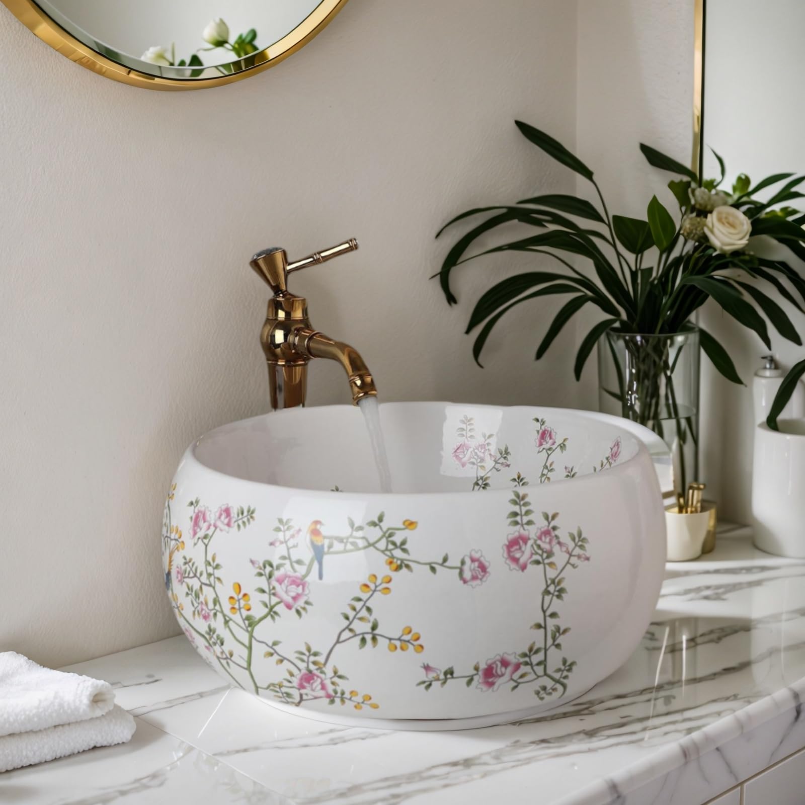Sinku Mccut Ceramic Bathroom Sink Round,Flower Bird Pattern Vanity Sink ...