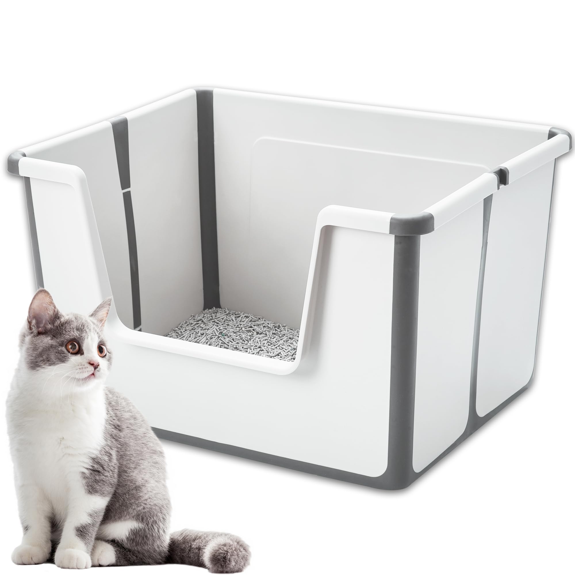 Vealind Open Top Cat Litter Box with High Sides, Foldable Low Entry ...