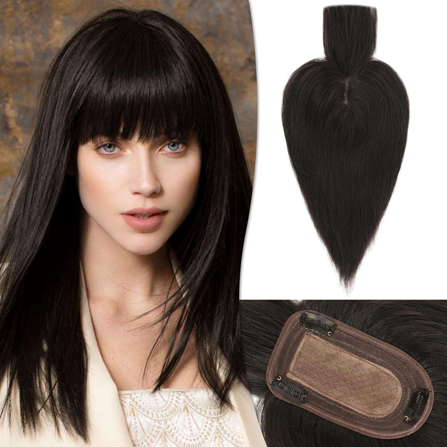 Human Hair Topper with Bangs Crown Topper Hair Pieces for Women Short ...