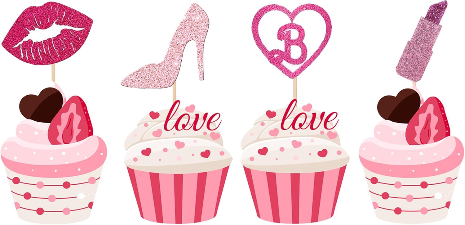 Amazon.com: 12Pcs Pink Cupcake Toppers and Glitter Girls Topper for ...