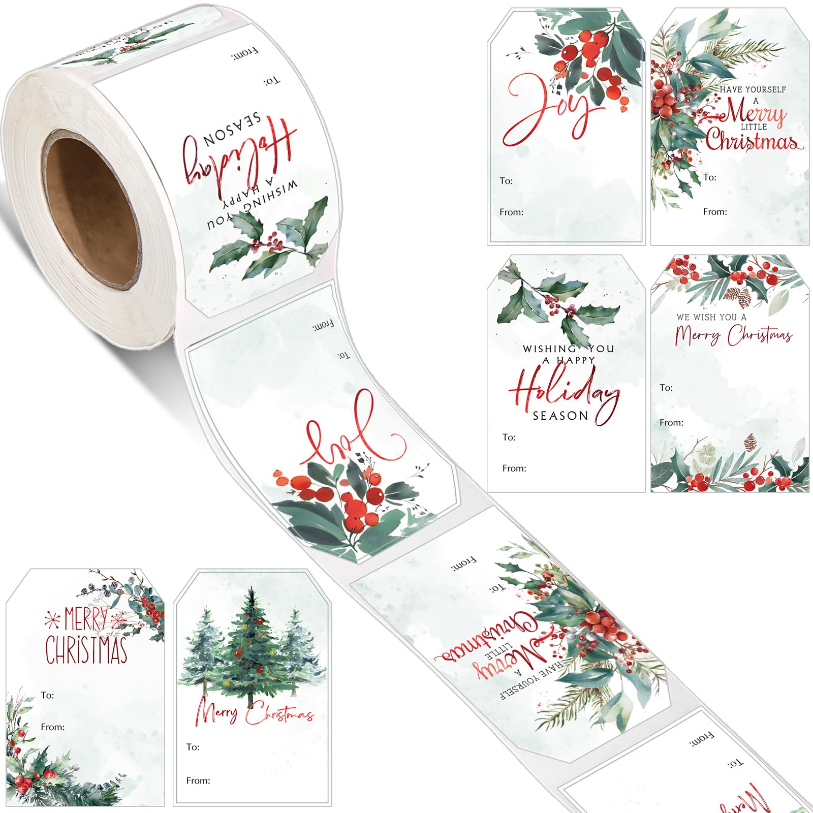 Amazon.com : Janlaugh 300 Pcs Christmas Watercolor Plants Gift Tag Roll ...