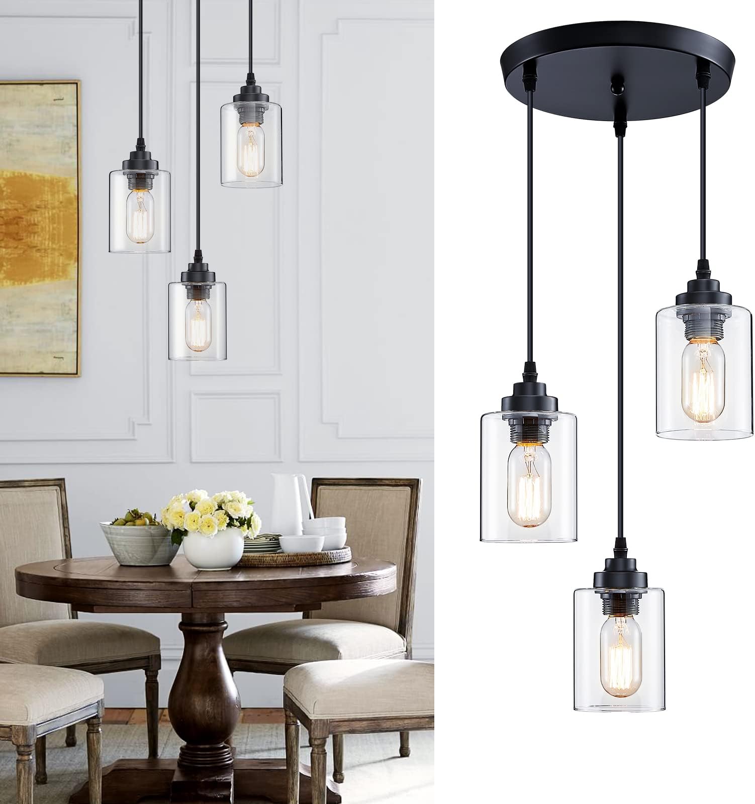 Industrial 3-Light Pendant Light, Adjustable Hanging Light Fixture with ...