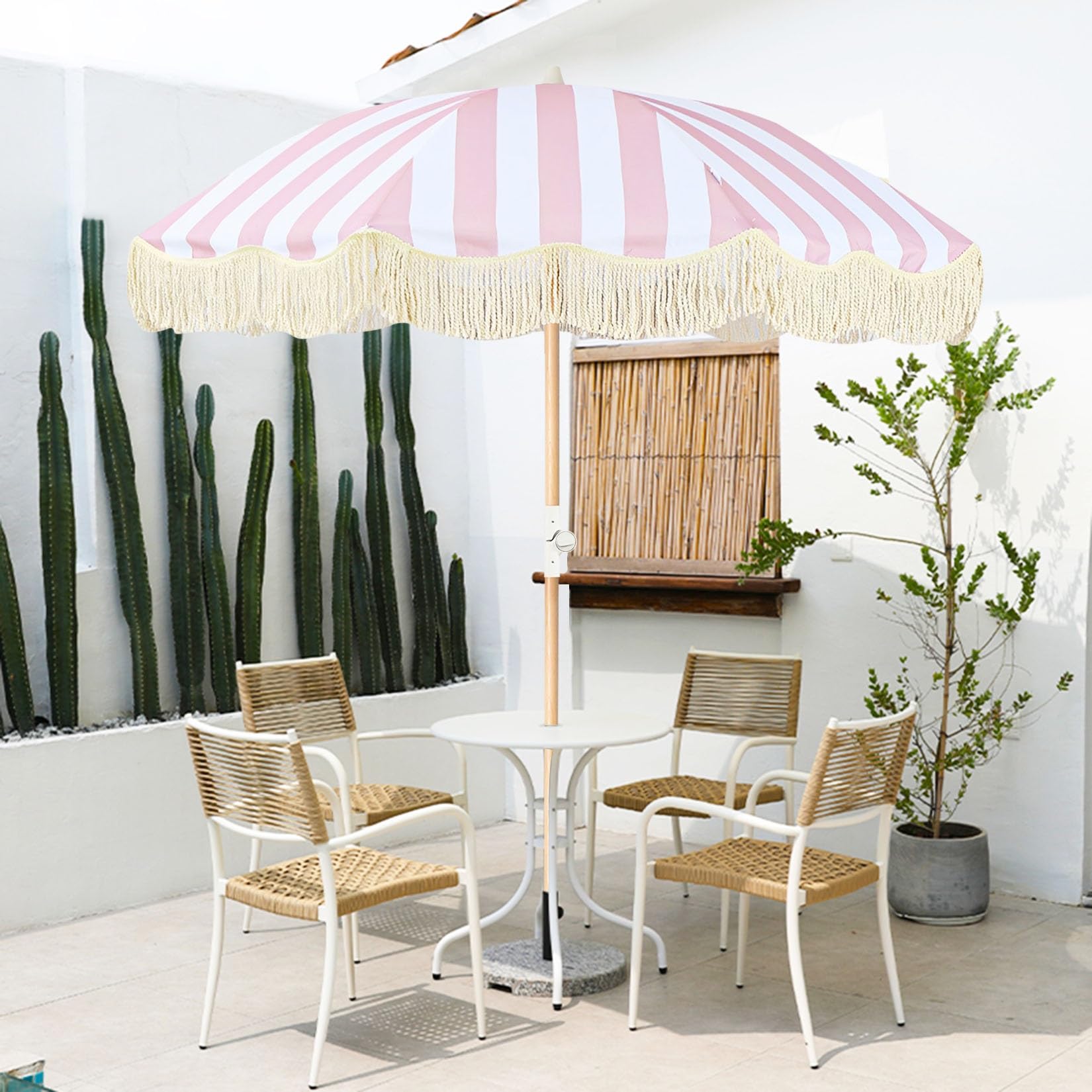 6ft Outdoor Boho Umbrella With Tassels Pink And White Striped Patio ...