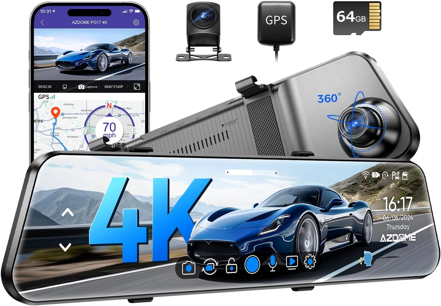 Amazon.com: AZDOME PG17 4K 12" Mirror Dash Cam Front and Rear, WiFi ...