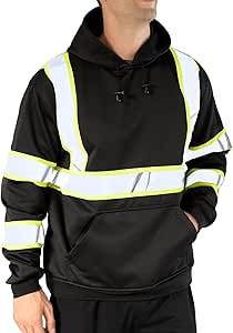 sesafety Class 3 Hi-Vis Hoodie for Men, Reflective Safety Sweatshirt, Black High Visibility ...