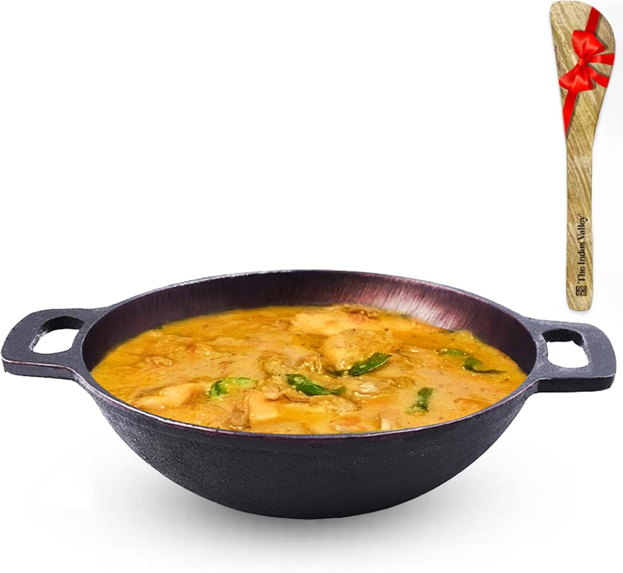 The Indus Valley Super Smooth Cast Iron Kadai with Free Wooden Spatula ...