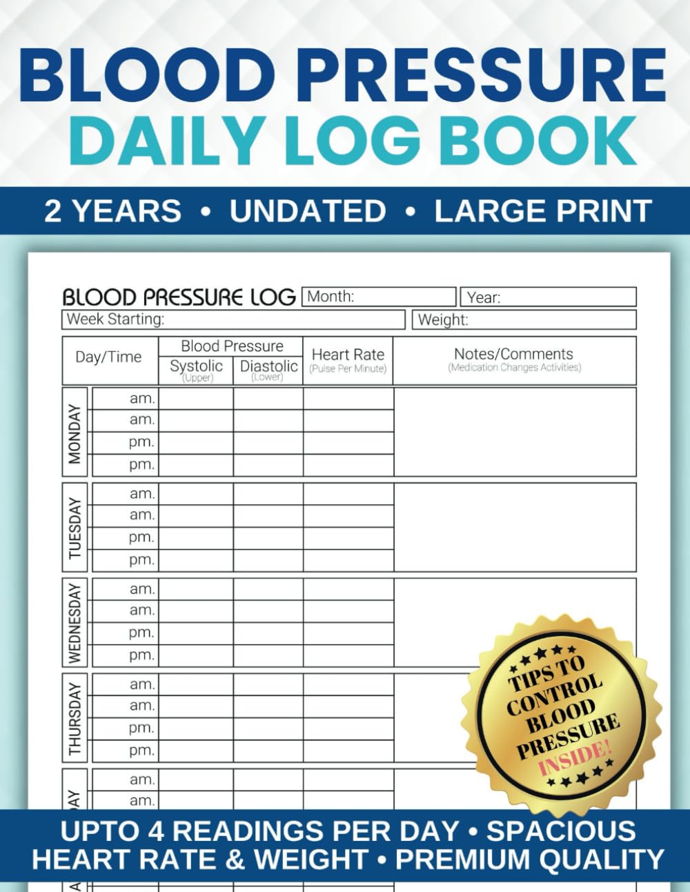 Blood Pressure Log Book: Daily Tracking Journal in Large Print to ...
