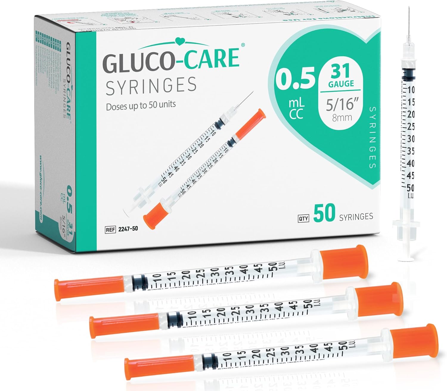 GLUCO-CARE 0.5 ml/cc Syringes 31G x 5/16’’ (8mm), Orange Cap, Box of 50 ...