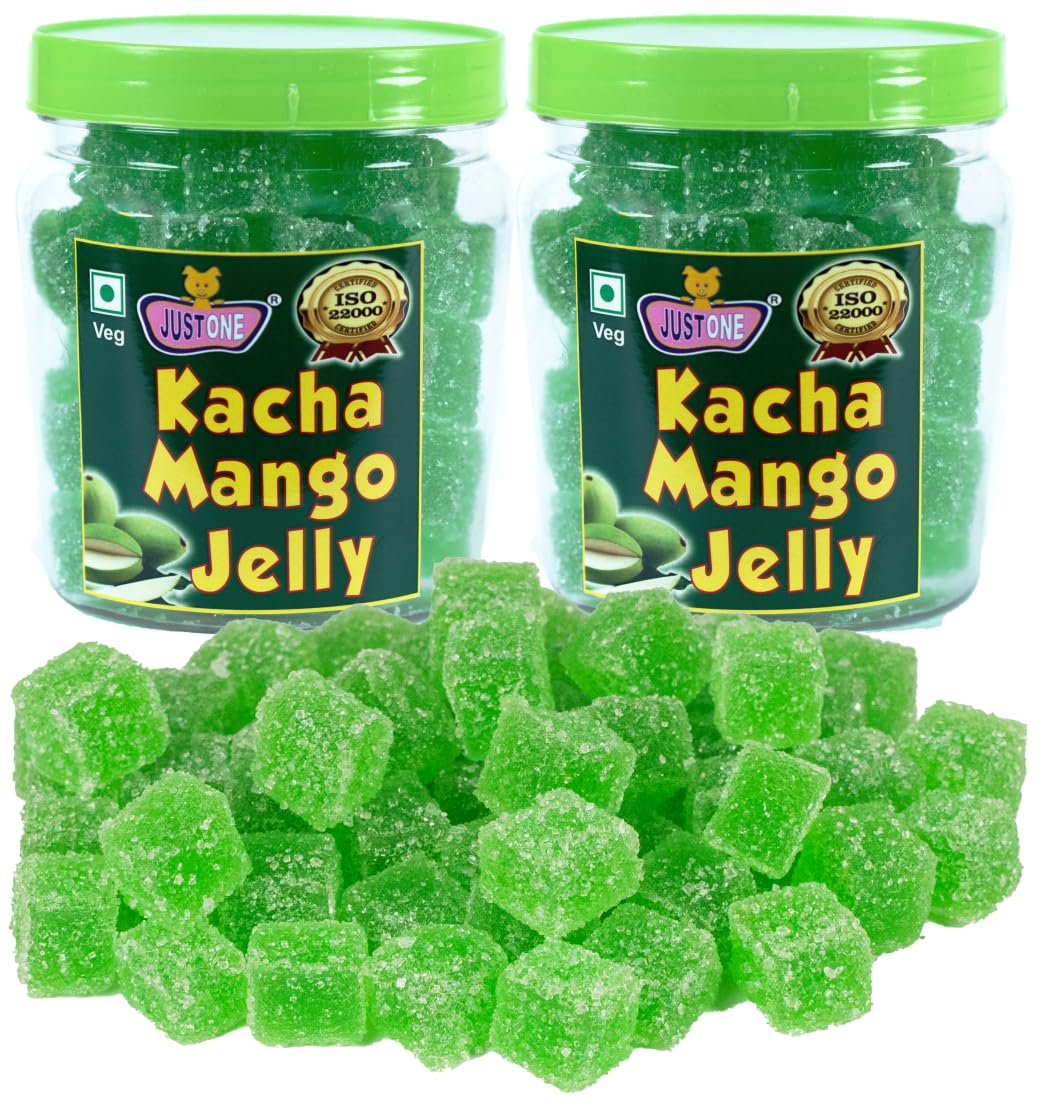 JUSTONE KACHA MANGO Swiss Soft Jelly Candy CUBES TWIN JAR PACK 500 Gms ...