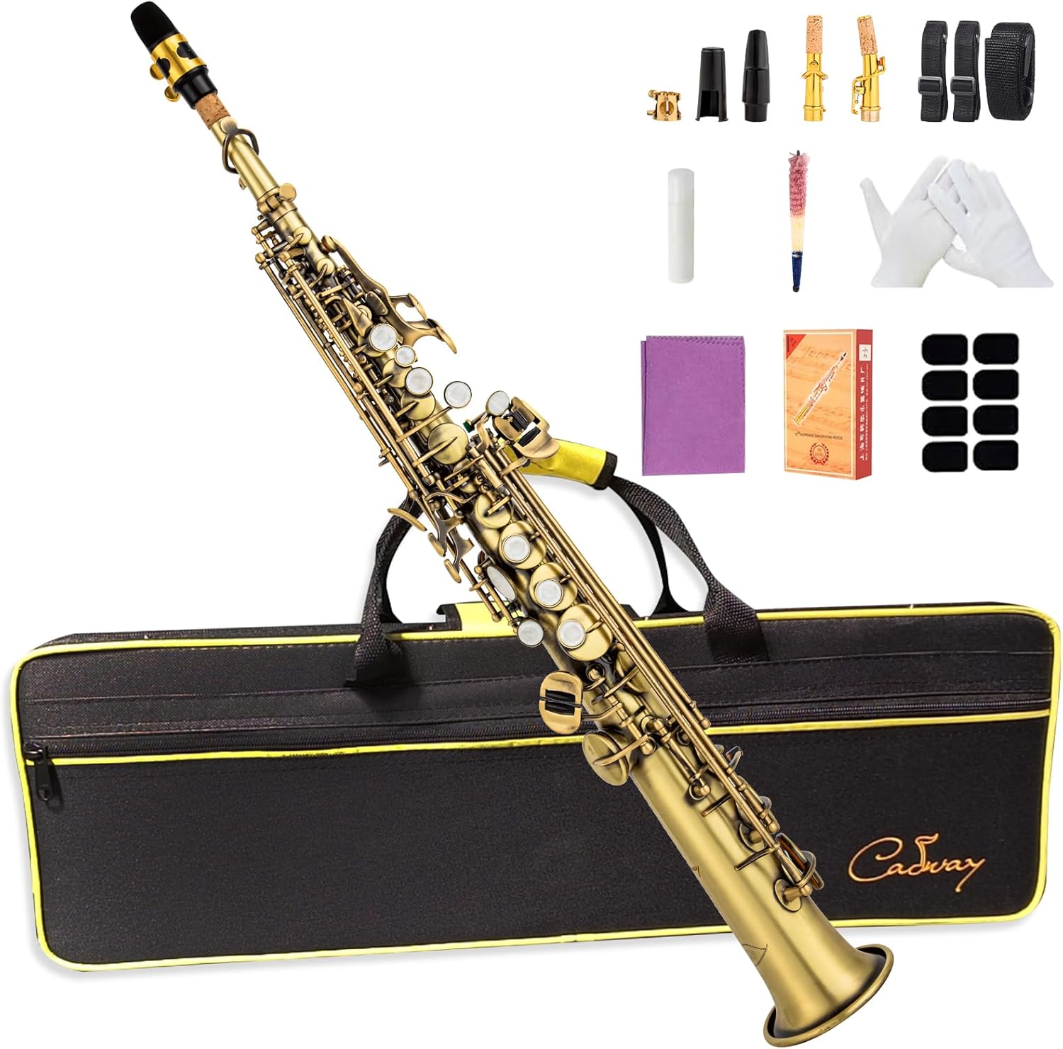 Amazon.com: Cadway Bb Soprano Saxophone Straight Gold Laquer Sax ...