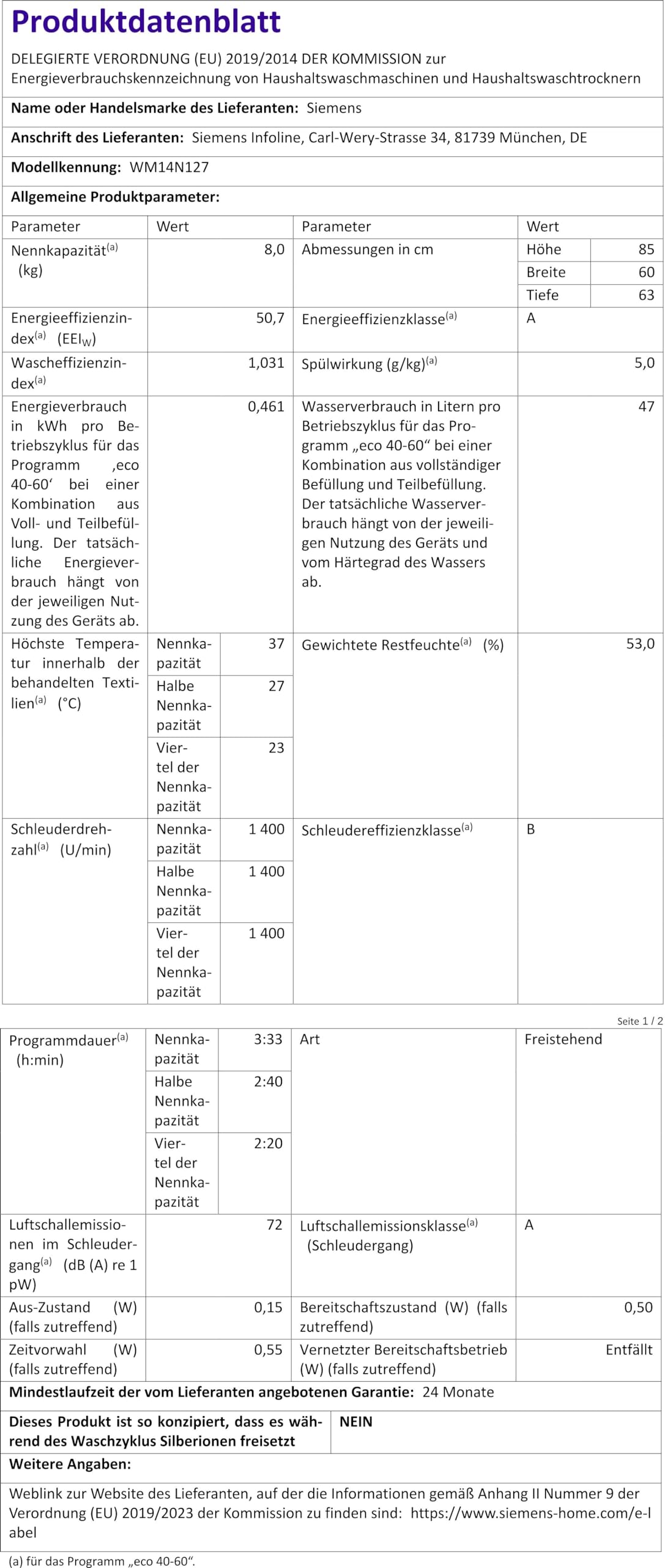 Siemens WM14N001 Waschmaschine iQ300, Frontlader mit 8kg ...