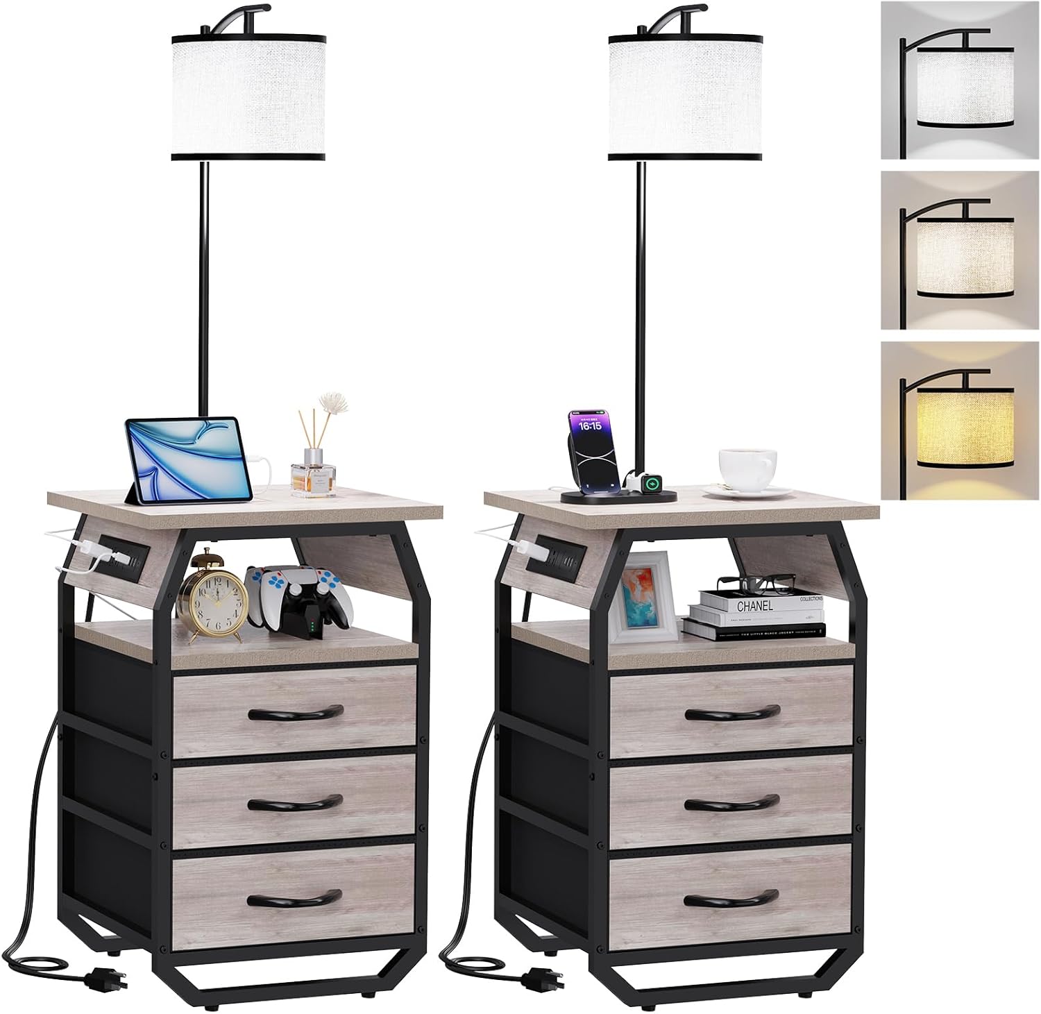 runjuly Floor Lamp with Table Set of 2, End Tables with Lamps Attached ...