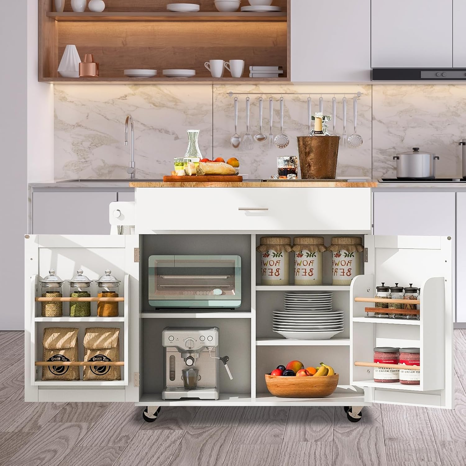 Homnso Kitchen Island with Storage, Modern Kitchen Island on 4 Wheels ...