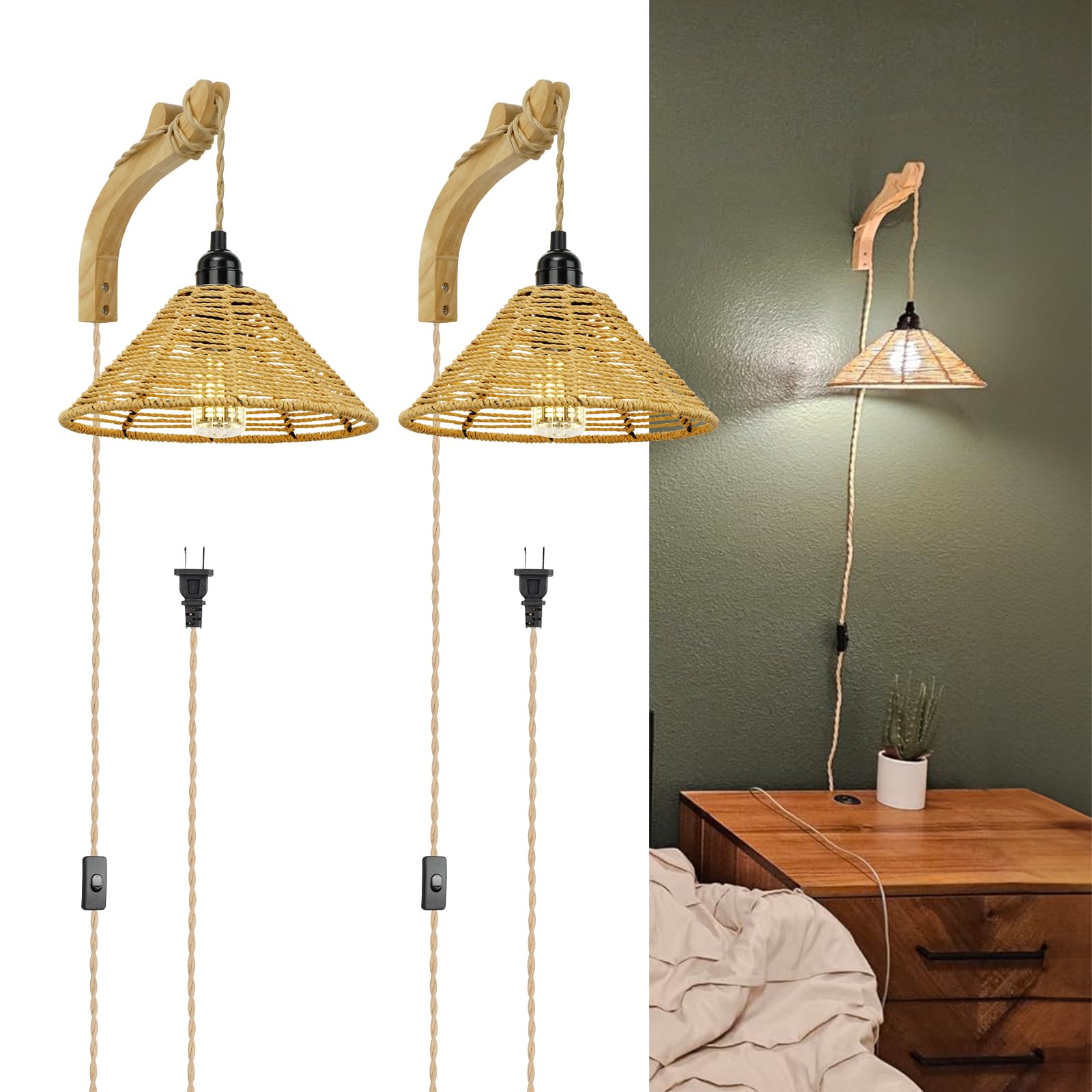 Frideko Plug in Wall Sconces Set of 2 Rattan Wall Lamp with Plug in ...