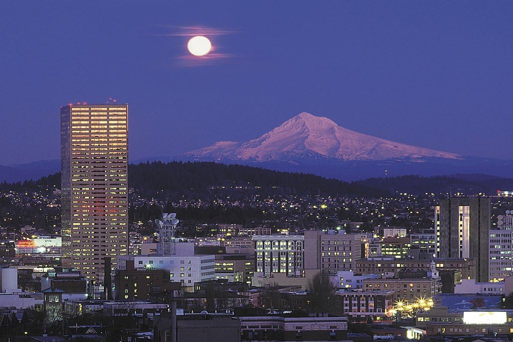 Amazon.com: Portland Skyline with Moon Over Mount Hood Photo Photograph ...