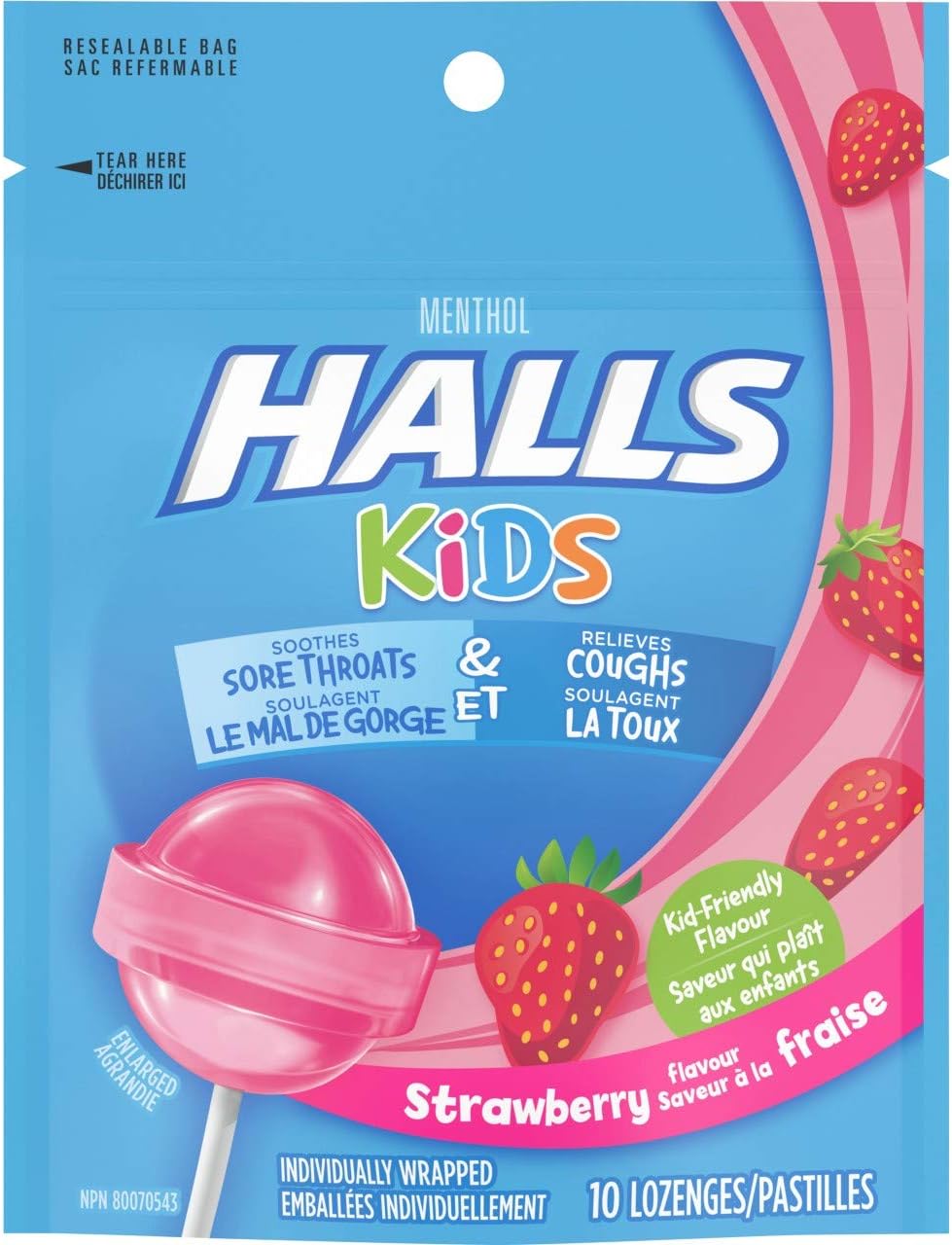 HALLS Kids Tos y dolor de garganta, fresa, 1 bolsa resellable (10 Pops ...