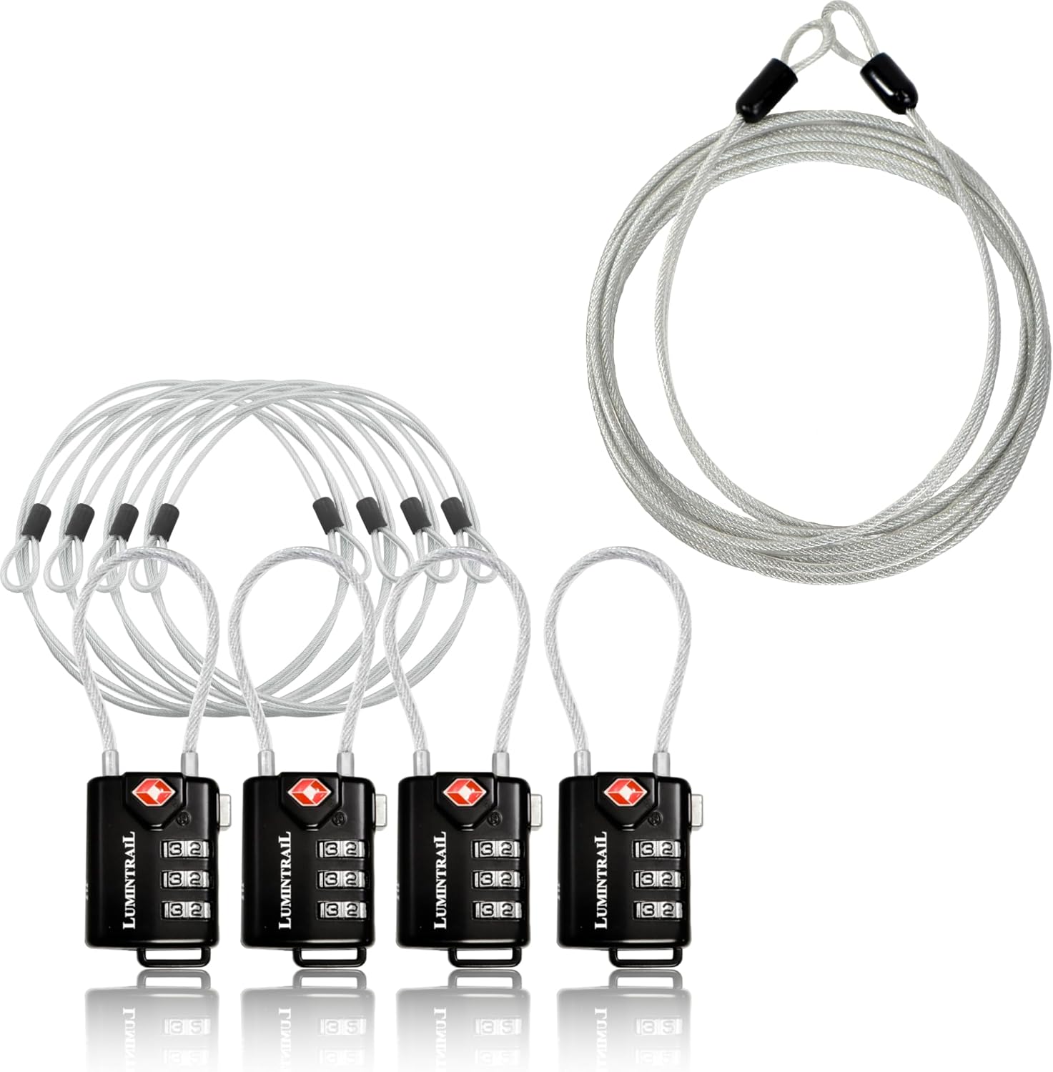 Lumintrail 3-Digit TSA Approved Lock, 4 Pack Bundle with Four 4ft ...