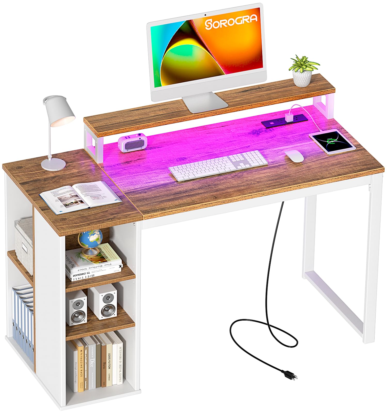 Amazon.com: SOROGRA Small Computer Desk with LED Lights and Power ...