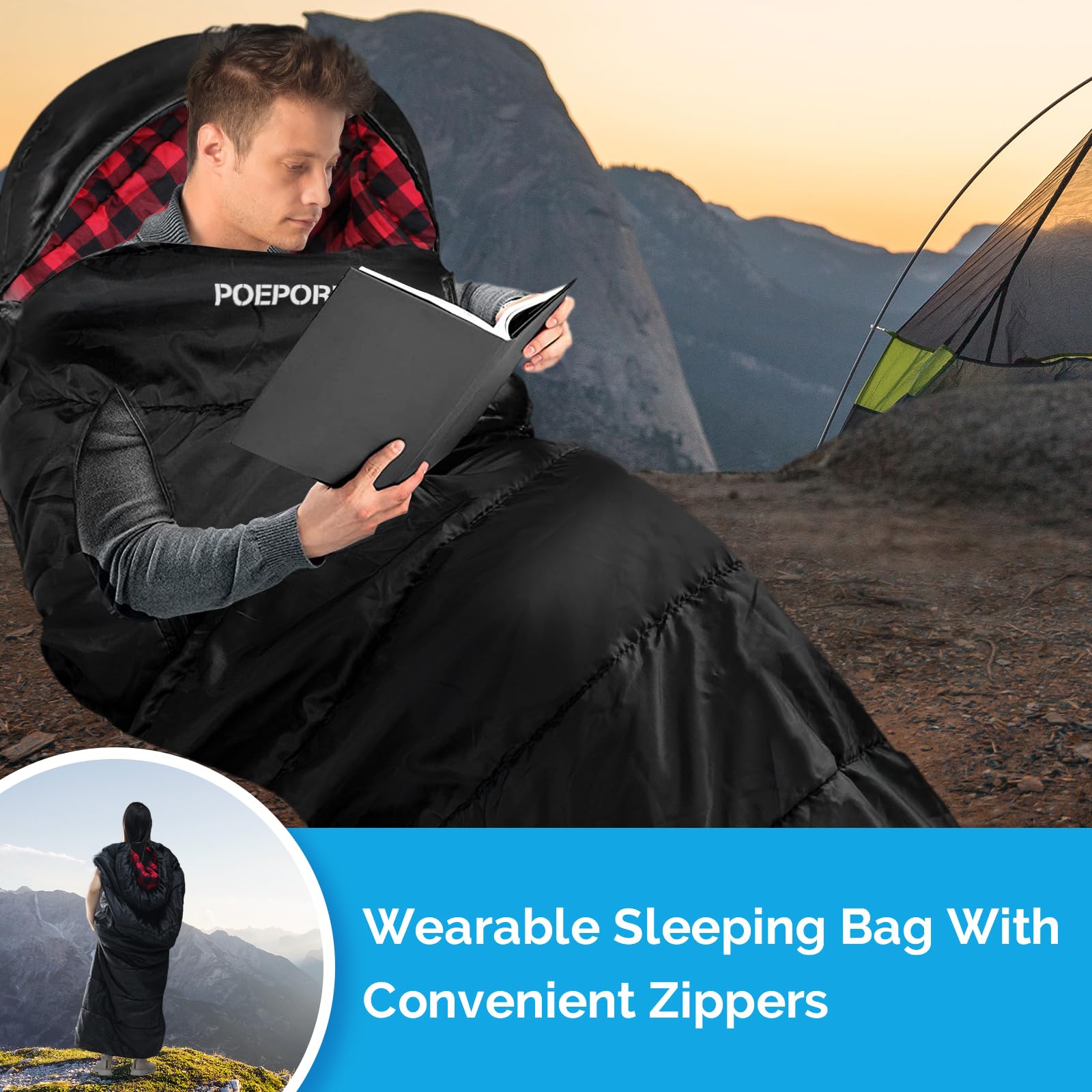 POEPORE Flannel Sleeping Bag with Pillow Lightweight Warm Weather 3-4 ...