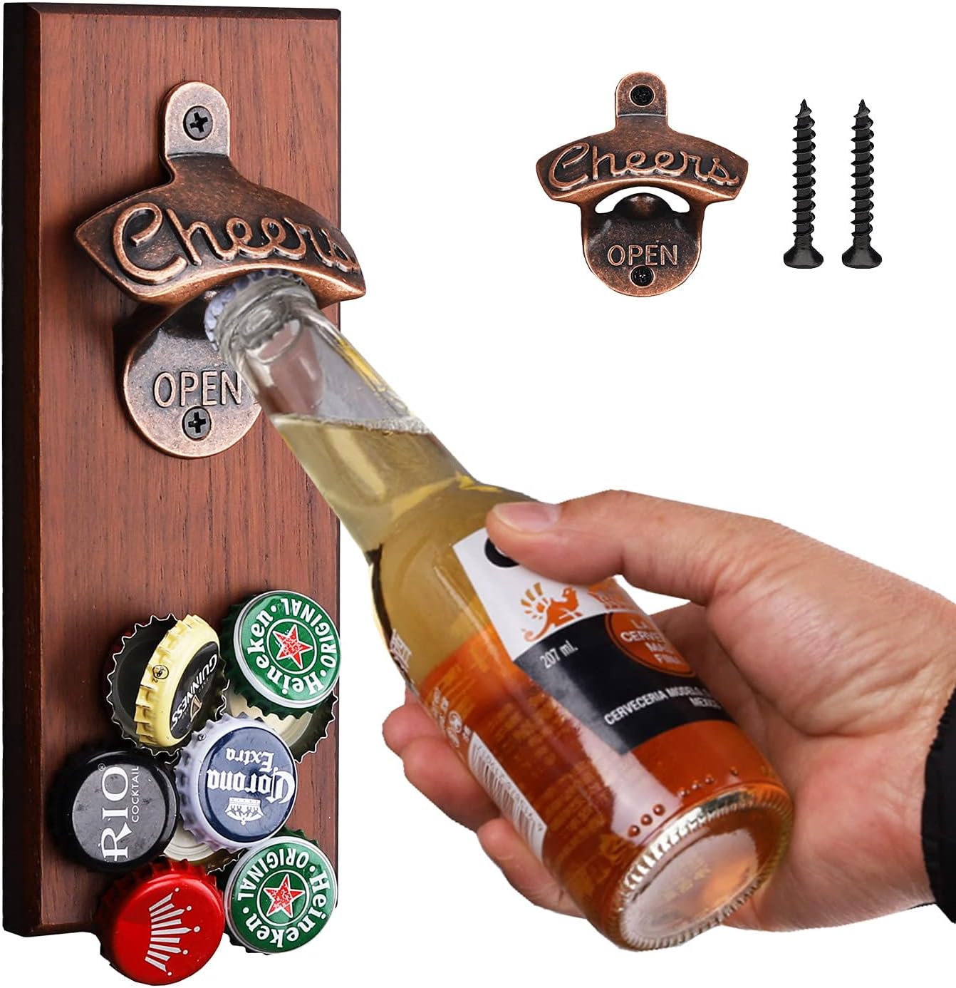 Wall Mounted Wooden Bottle Opener with Cap Catcher, Beer Keg Shape Home ...