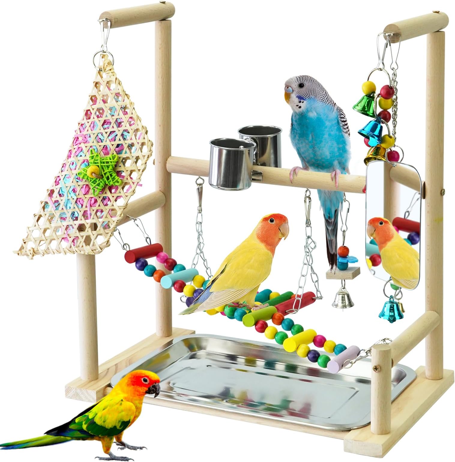 BREUAILY Parrot Stand With Mirror Natural Wood Bird Playground with ...
