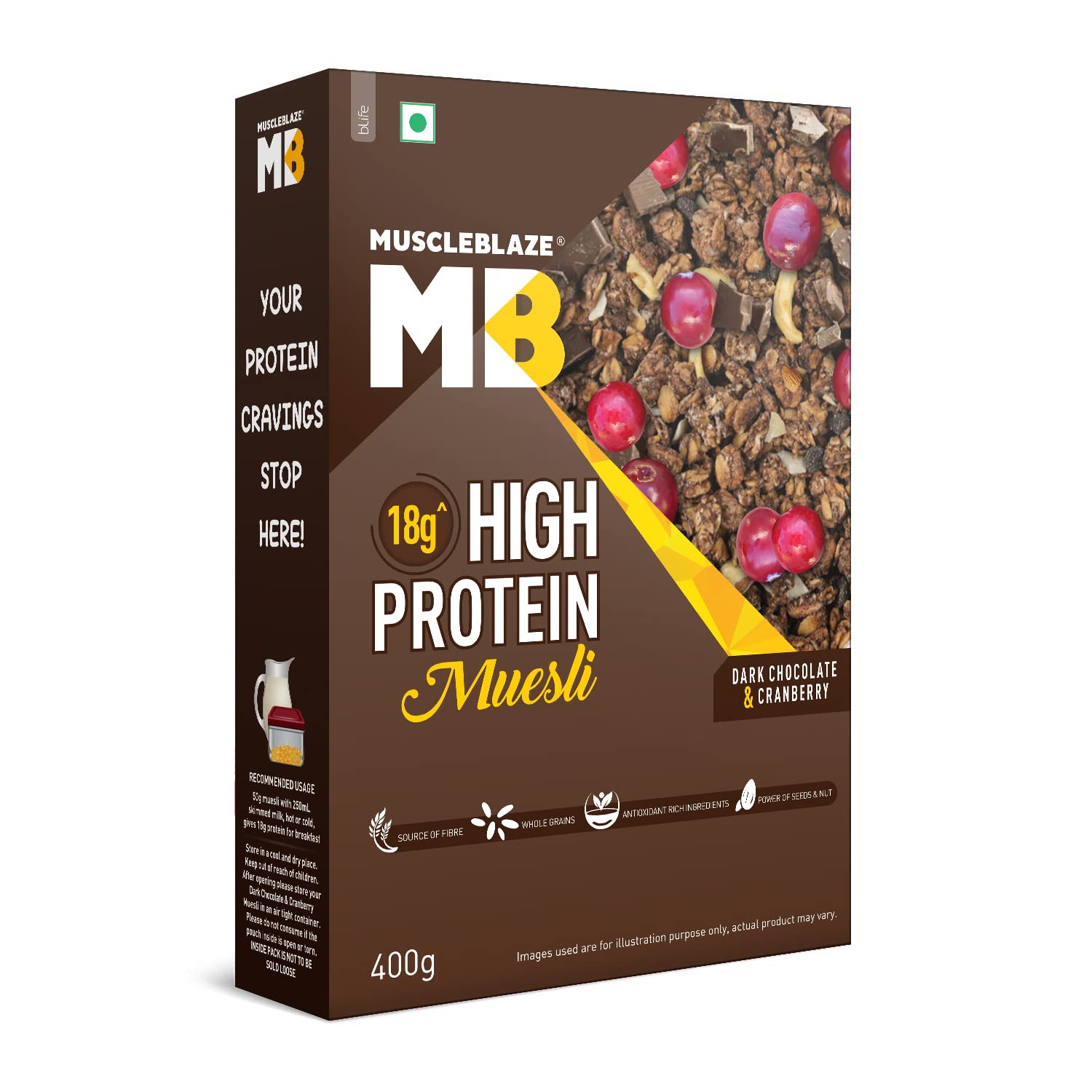 MuscleBlaze High Protein Muesli, Dark Chocolate & Cranberry, 18 g ...