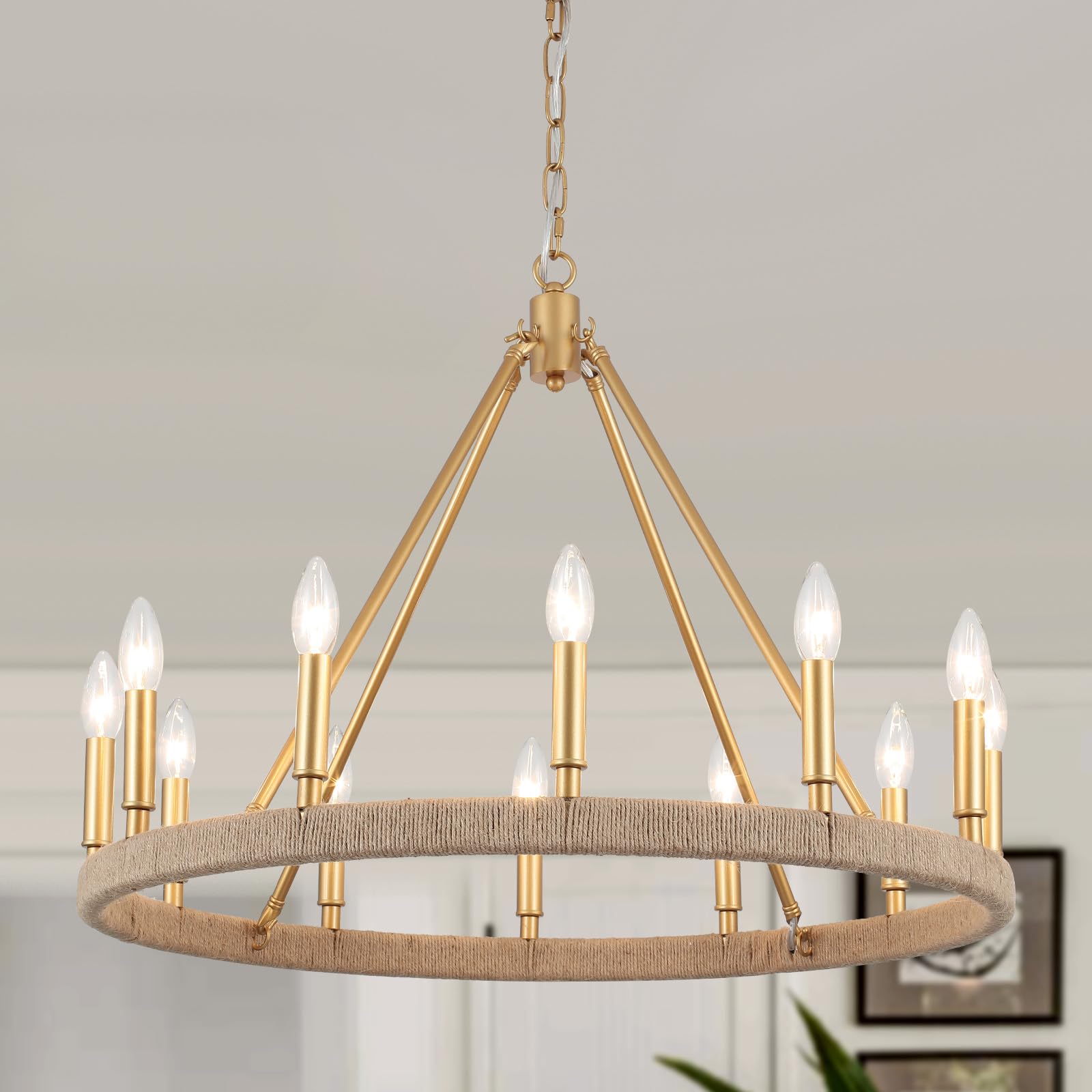 ASHUAQI Gold Wagon Wheel Chandelier 12 Light Modern Farmhouse Round ...