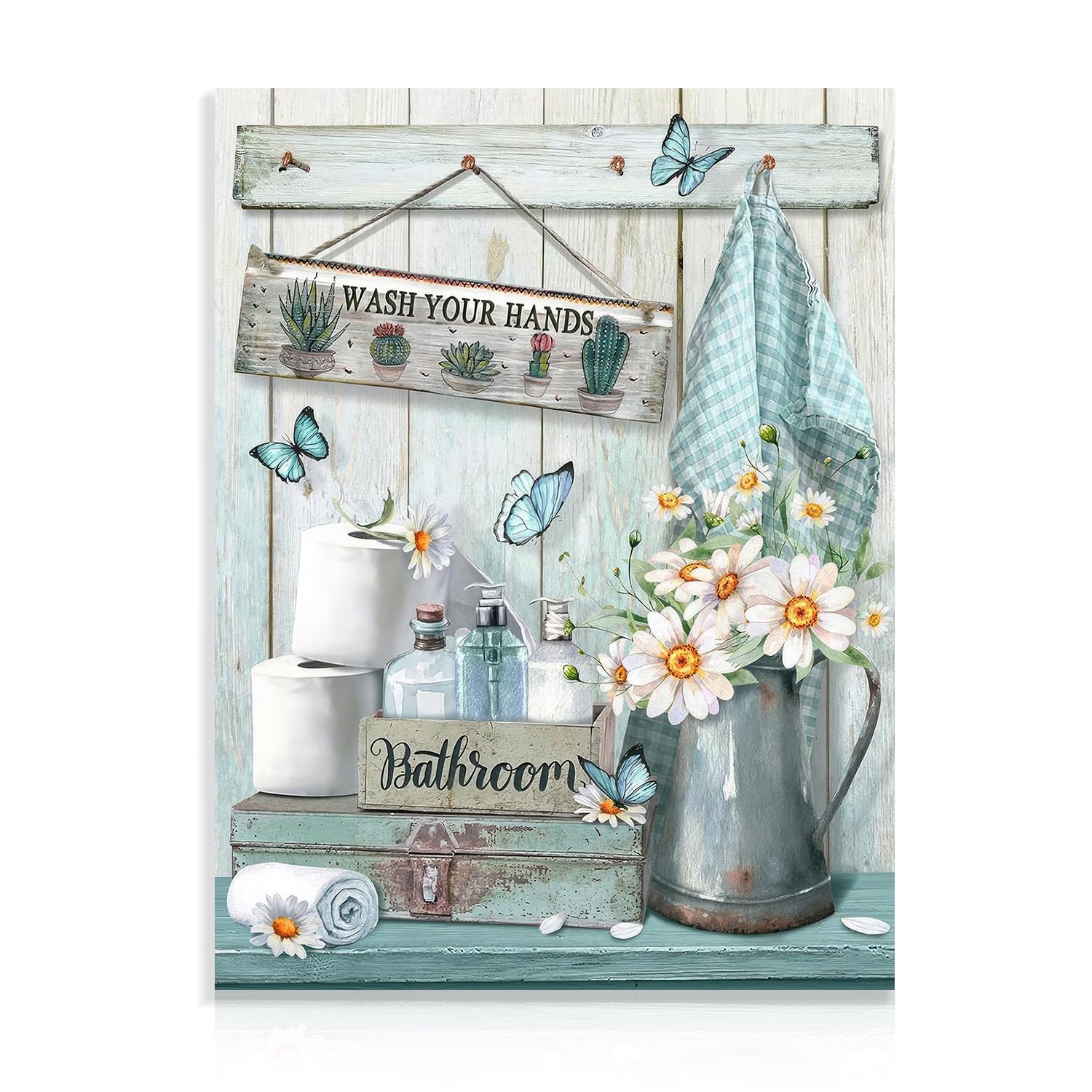 Dazzlewall Farmhouse Bathroom Decor Wall Art Rustic Teal Flower and ...