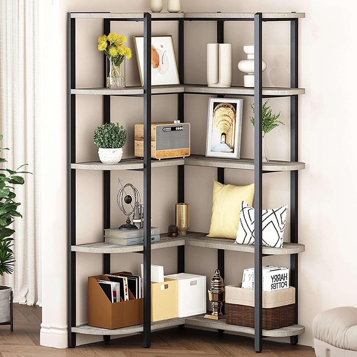 Amazon.com: Launica 5 Tier Corner Bookshelf, Tall Grey L Shaped Book ...