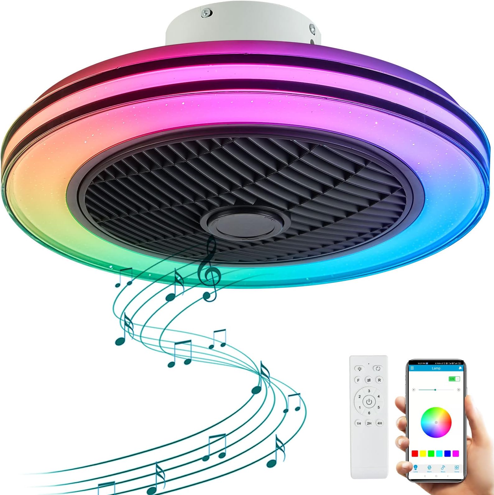 Liokoc Modern Ceiling Fan with RGB LED Lighting Remote - Low Profile ...