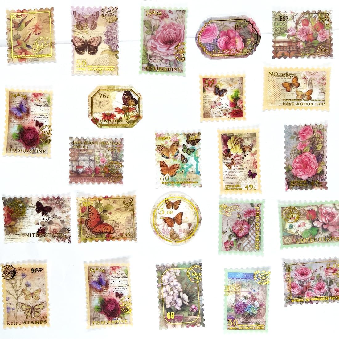 Amazon.com: 80pcs Vintage Washi Paper Flower Butterfly Fake Postage ...
