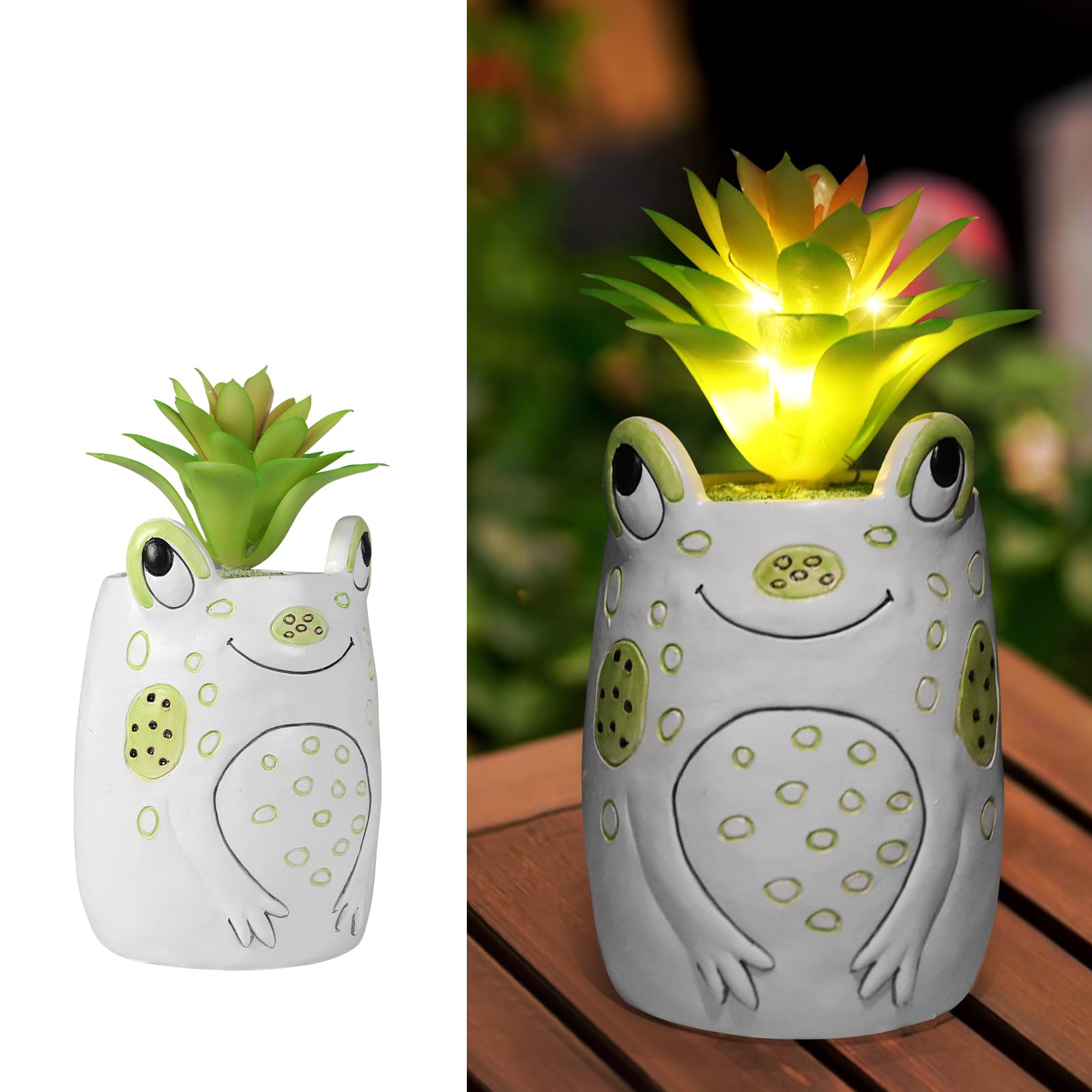 Solar Frog Statue Lamp Lights, Artificial Succulent Frog Fake Potted ...