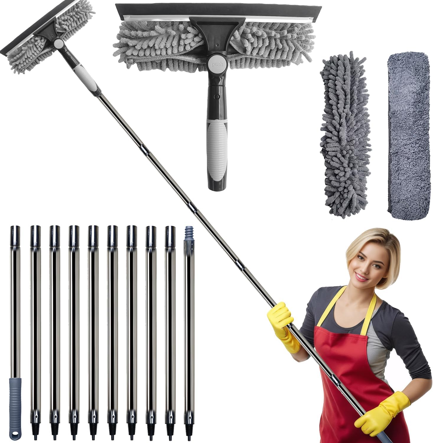 20+ Feet Reach 2 in 1 Window Washing Squeegee & Duster with 3-14 ft ...