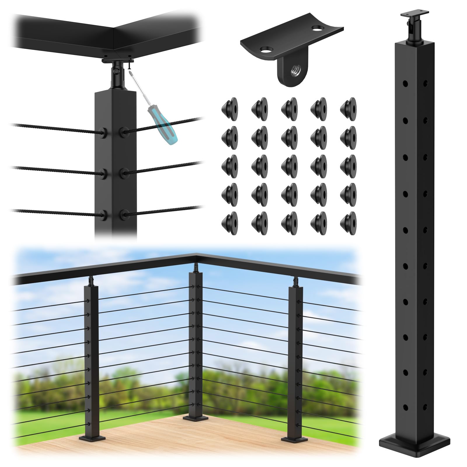 36" Cable Railing Corner Post, Stainless Steel Adjustable Top Deck ...