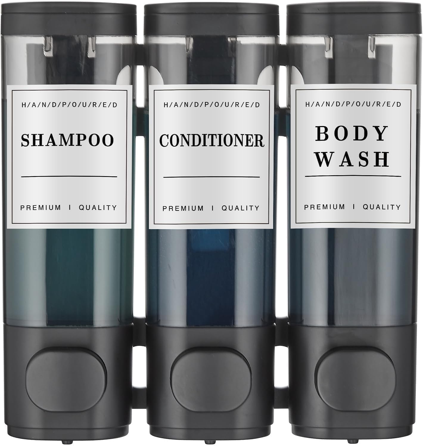 Black wall-mounted shampoo, conditioner, and body wash dispenser with 3 ...