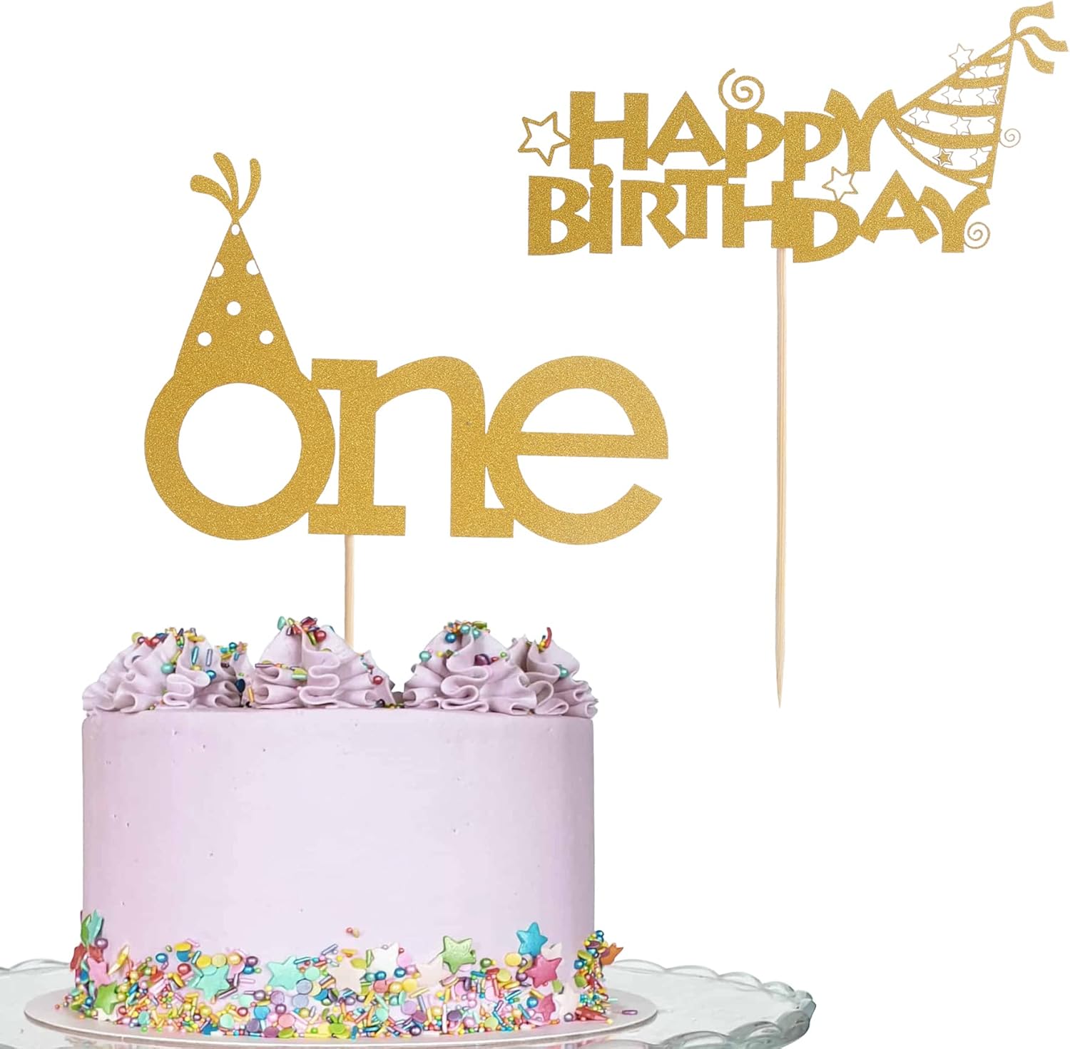Amazon.com: Birthday Hat One Cake Topper - 2pcs Gold Gltter Birthday ...