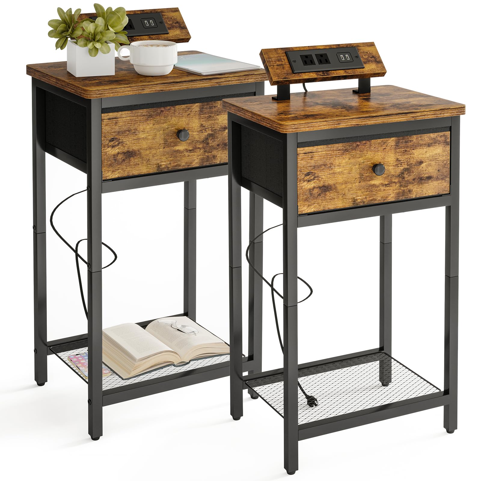 Fixwal Nightstands Set of 2 with Charging Station, End Table with USB ...
